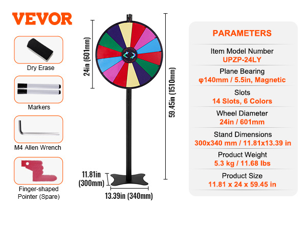 VEVOR 24 inch Spinning Prize Wheel, 14 Slots Spinning Wheel, Roulette ...