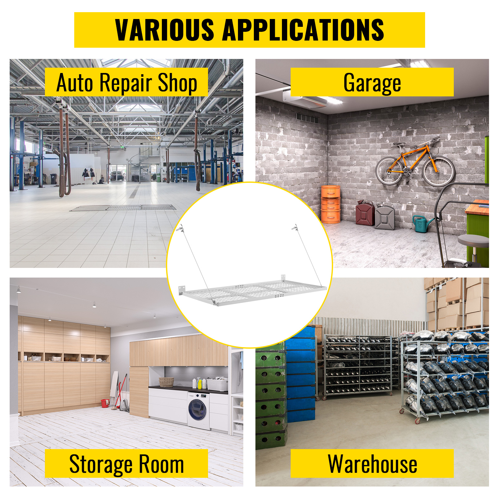 Vevor Storage Shelves Garage 500 Lbs Wall Mount 2' X 4' Shelf 4 Ropes ...
