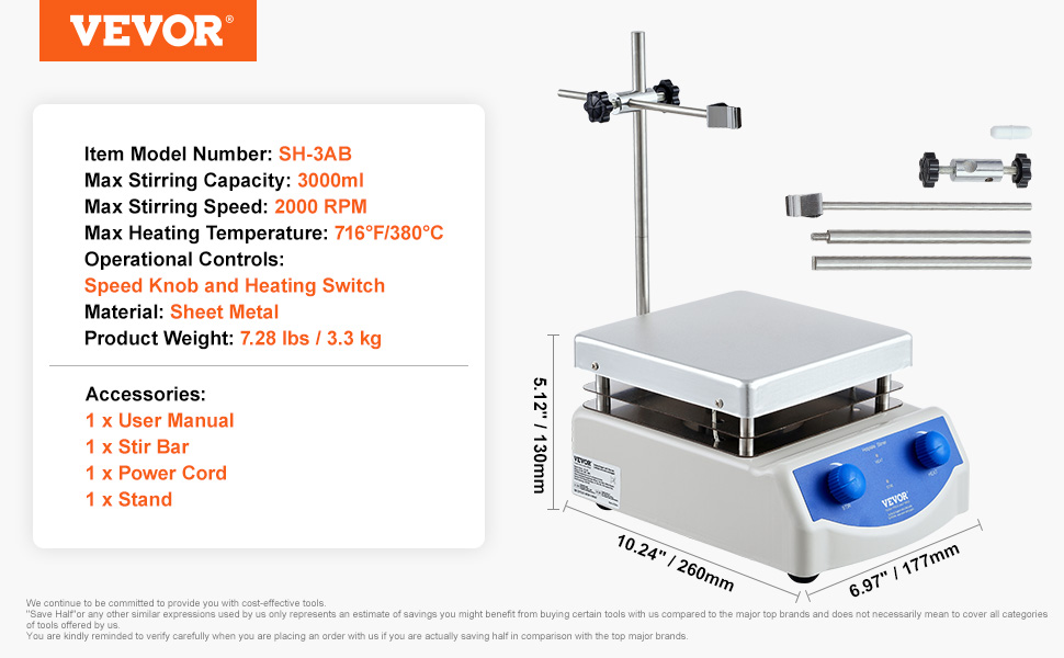 VEVOR Magnetic Stirrer Hot Plate, Max 716°F/380°C, 0-2000 RPM Hot Plate ...