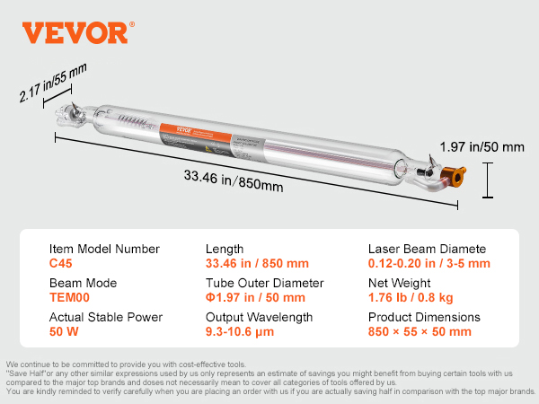 VEVOR Laser Tube, 50W CO2 Laser Tube for Laser Engraver and Cutter ...