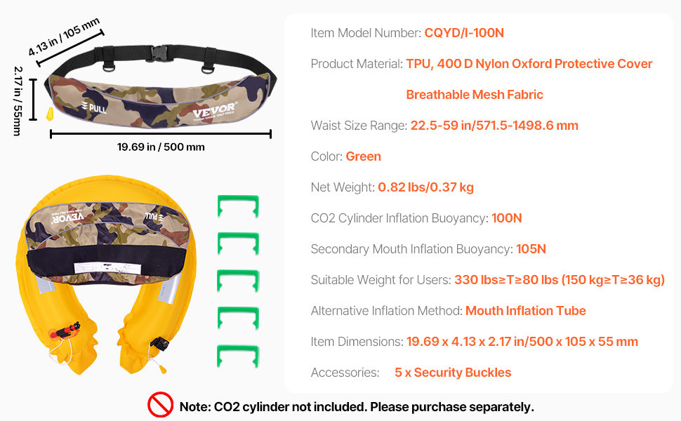 Manual Inflatable Belt Pack for Adults PFD Green CO2 Cylinder Not ...