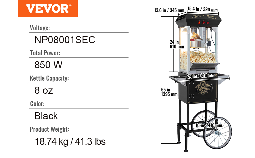 VEVOR Popcorn Popper Machine with Cart Popcorn Maker 850W 8 Oz 48 Cups ...