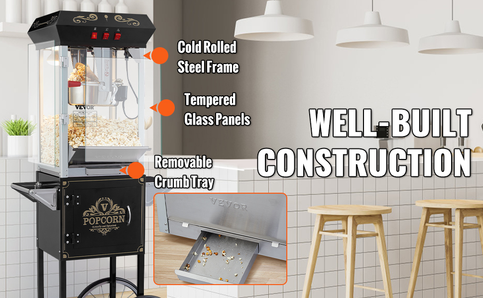 VEVOR Popcorn Popper Machine with Cart Popcorn Maker 850W 8 Oz 48 Cups ...