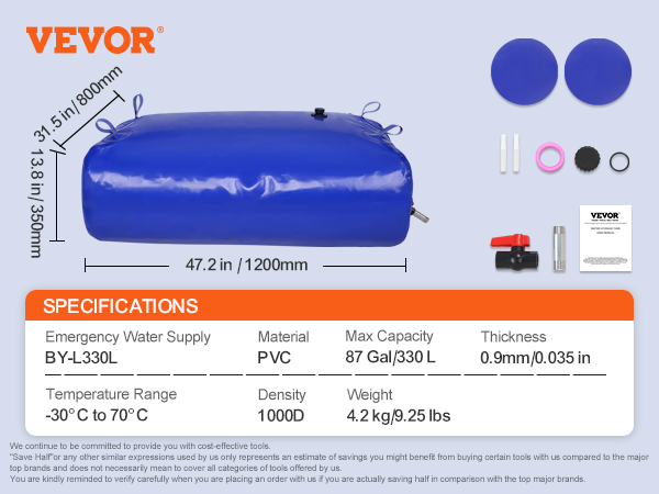 VEVOR 330L/87 Gallon Water Storage Bladder, Water Tank, 1000D Blue PVC ...