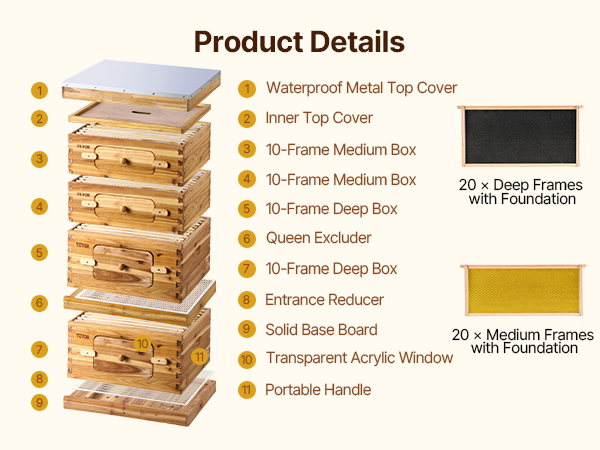 VEVOR Bee Hive 40 Frame Bee Hives Starter Kit, Beeswax Coated Cedar ...