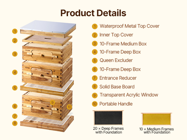 VEVOR Bee Hive 30 Frame Bee Hives Starter Kit, Beeswax Coated Cedar ...