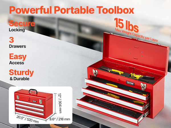 Tool Box 20.5-inch Portable Metal Tool Box with 3 Drawers Tool ...