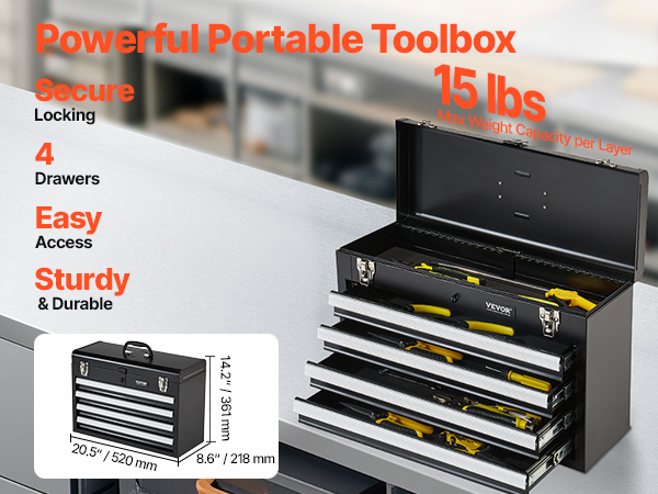 Tool Box 20.5-inch Portable Metal Tool Box with 4 Drawers Tool ...