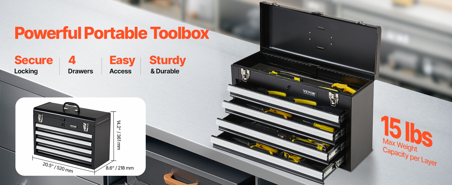 Tool Box 20.5-inch Portable Metal Tool Box with 4 Drawers Tool ...