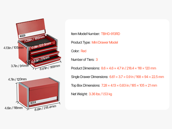 Tool Box 8.6-inch Portable Metal Tool Box 3 Drawers Tool Organizer Red ...
