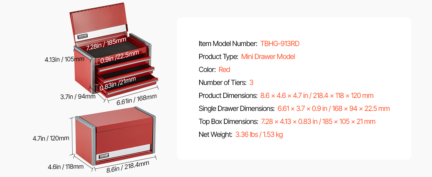 Tool Box 8.6-inch Portable Metal Tool Box 3 Drawers Tool Organizer Red ...