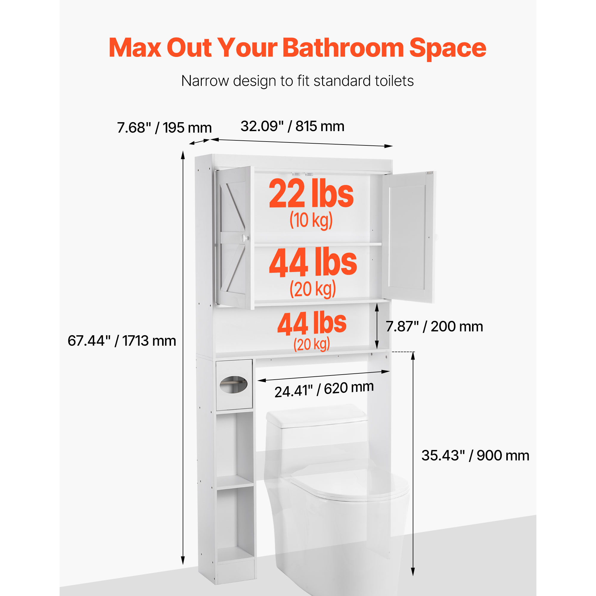 Mophorn Over-The-Toilet Storage Cabinet, 67.44-Inch Tall Bathroom ...