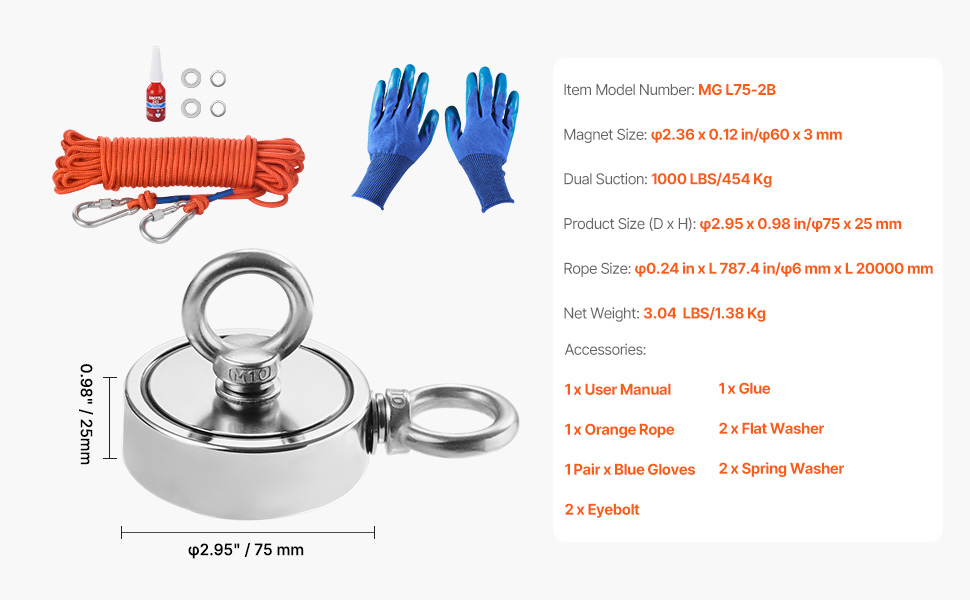 1000 LBS Strong Fishing Magnet Kit Double-Sided Pull Force and Rope ...