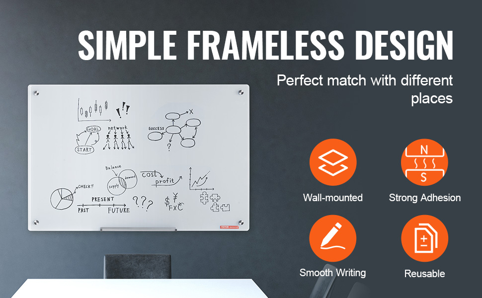 VEVOR Magnetic Glass Whiteboard, Dry Erase Board 36"x24", Wall-Mounted ...