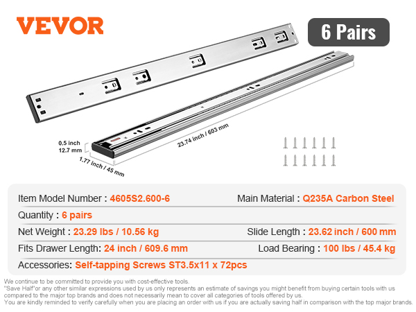VEVOR Drawer Slides Side Mount Rails, Soft-Close 6 Pairs 24 Inch, Heavy ...