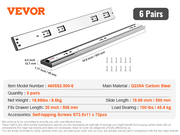 VEVOR 6 Pairs of 20 Inch Drawer Slides Side Mount Rails, Heavy Duty ...