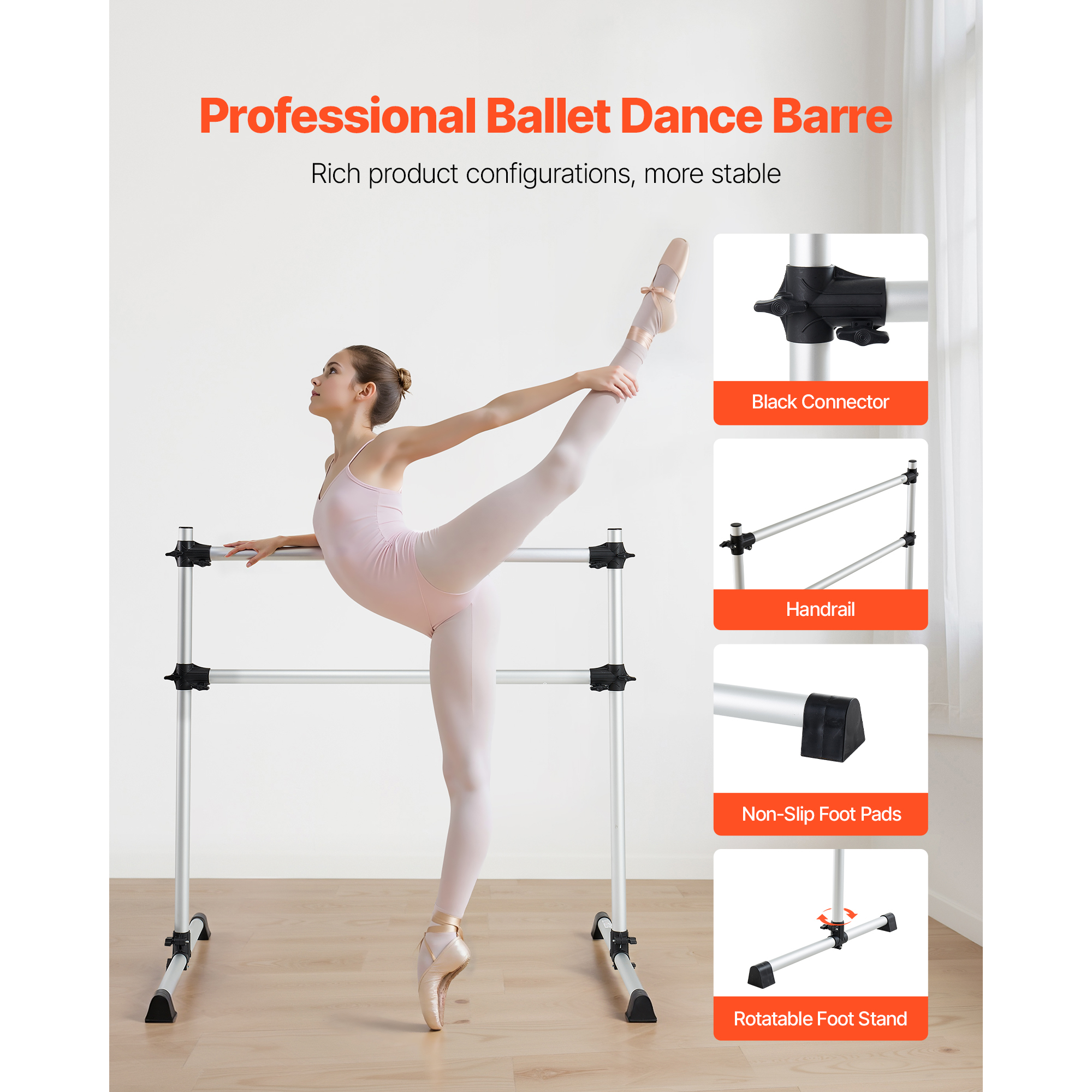 Mophorn Aluminum Double Ballet Barre, Adjustable Freestanding Bar for Home and Studio, Portable ...