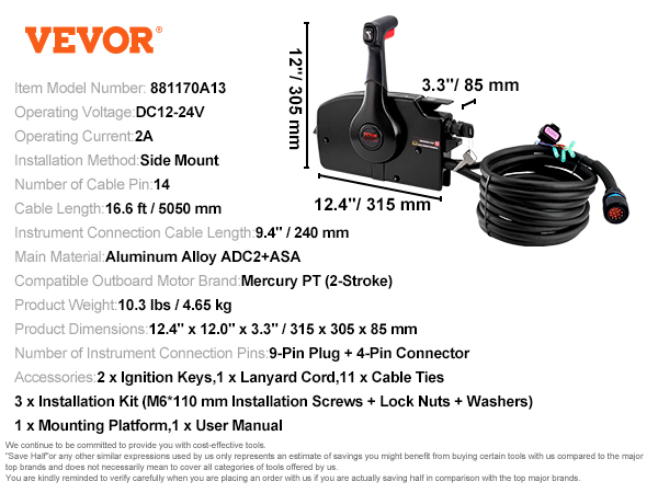 VEVOR Boat Throttle Control, 881170A13 Side-Mounted Outboard Remote ...
