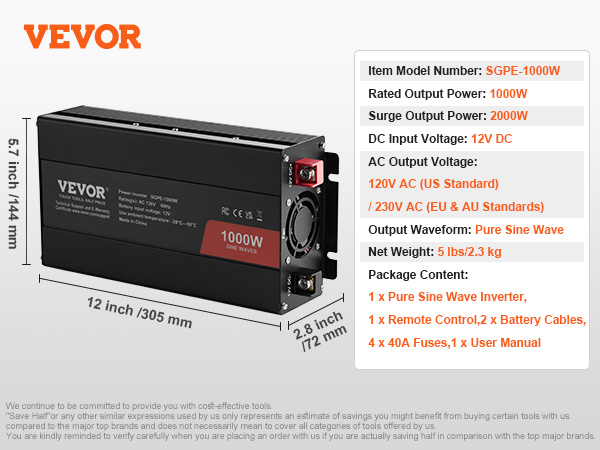 VEVOR Pure Sine Wave Inverter, 1000 Watt, DC 12V to AC 120V Power ...