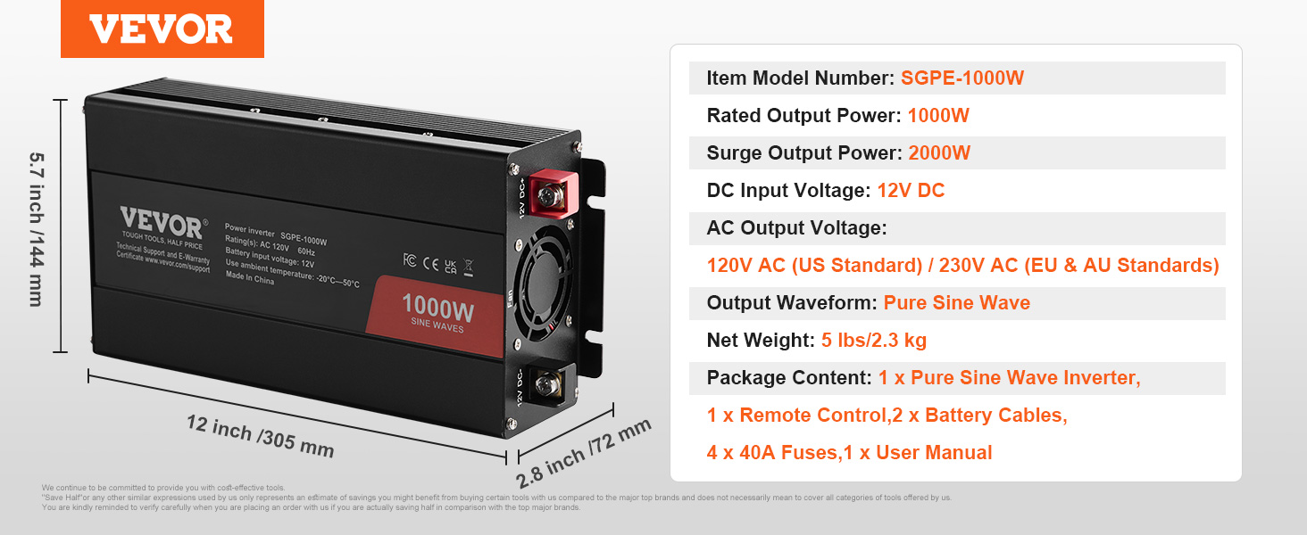 VEVOR Pure Sine Wave Inverter, 1000 Watt, DC 12V to AC 120V Power ...