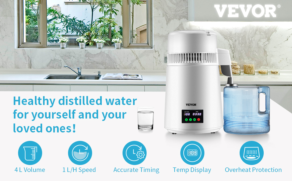 VEVOR 4L Water Distiller 1L/H Distilled Water Maker Timing & Temp ...