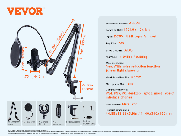 VEVOR USB Microphone, 192kHz/24-bit, Professional Condenser Microphone ...