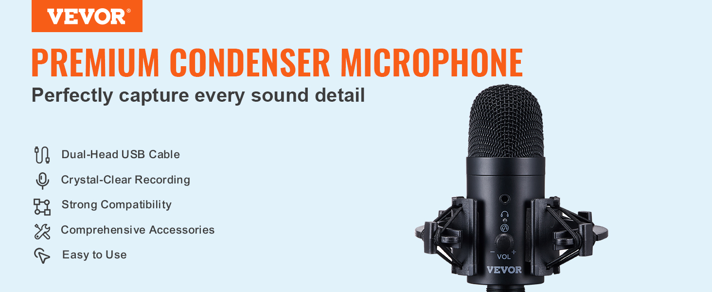 VEVOR USB Microphone, 192kHz/24-bit, Professional Condenser Microphone ...