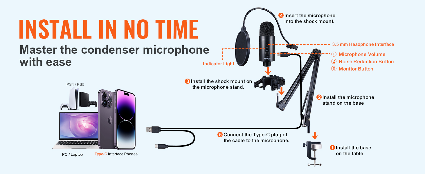 VEVOR USB Microphone, 192kHz/24-bit, Professional Condenser Microphone ...