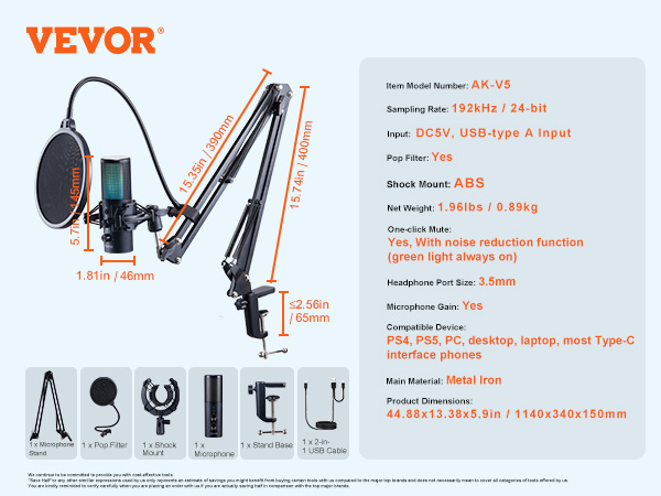 VEVOR USB Microphone, 192 kHz/24-bit, Professional Condenser Microphone ...