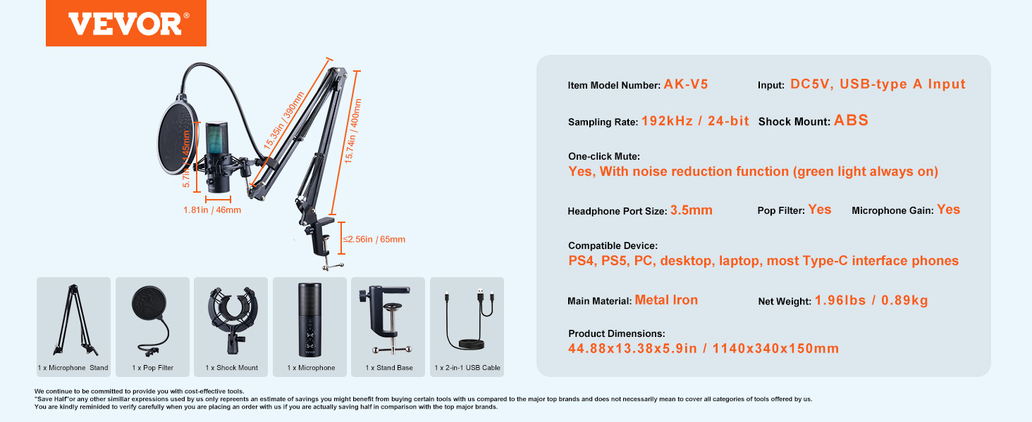 VEVOR USB Microphone, 192 kHz/24-bit, Professional Condenser Microphone ...