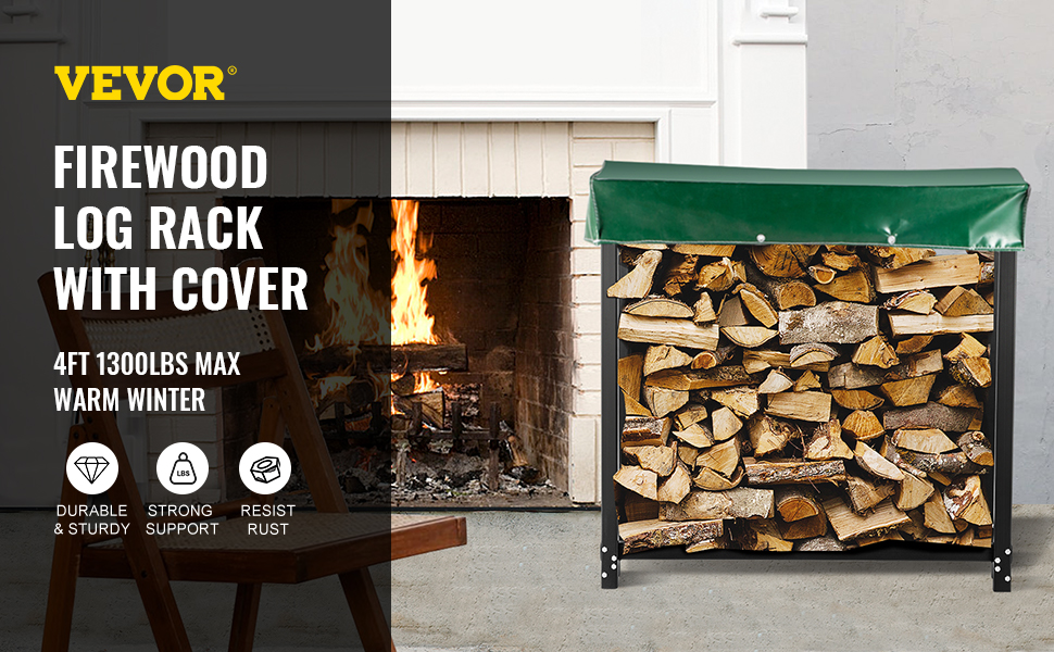 VEVOR Firewood Log Rack, 4ft Firewood Rack Outdoor, Black Firewood Rack ...