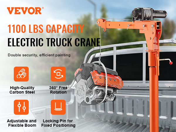 VEVOR Electric Pickup Truck Crane, 1100 lbs Capacity, 360° Swivel, Truck Jib Crane Hoist with ...