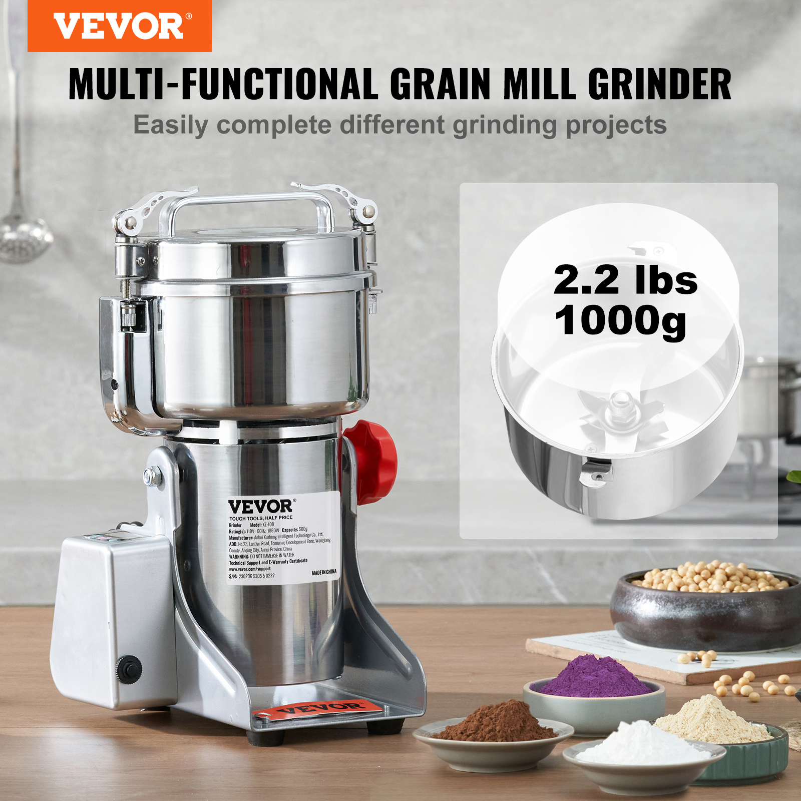VEVOR Commercial Spice Grinder Electric Grain Mill Grinder 2500g/1000g ...