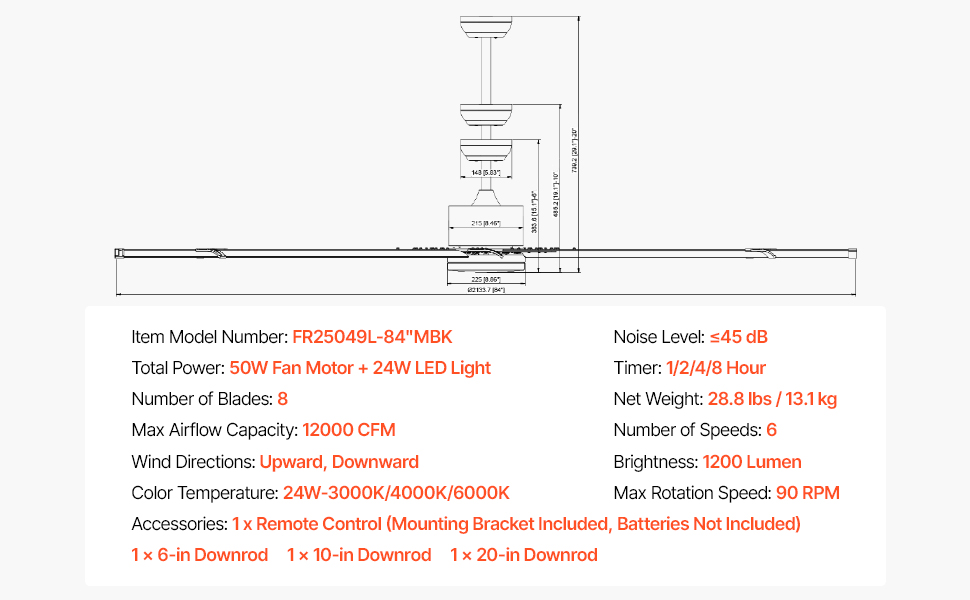 84 Inch Ceiling Fan with Light 6-Speed Remote Control Reversible Motor ...