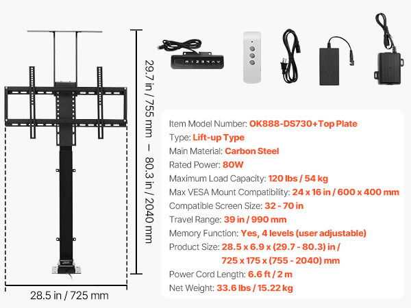 Motorized TV Lift Stand Mount Bracket with Remote Control for 32-70 in ...