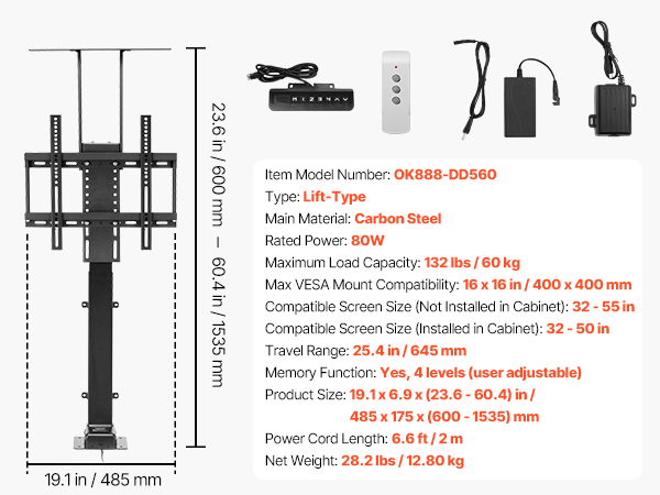 Motorized TV Lift Stand Mount Bracket 132 lbs Load with Remote Control ...