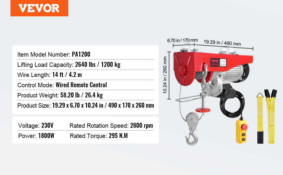 VEVOR Palan Électrique Charge Double Câble 1200kg avec Télécommande ...