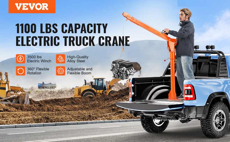 VEVOR Electric Pickup Truck Crane Hoist Crane 1100 lbs 360° Swivel Hoist Lift | VEVOR US
