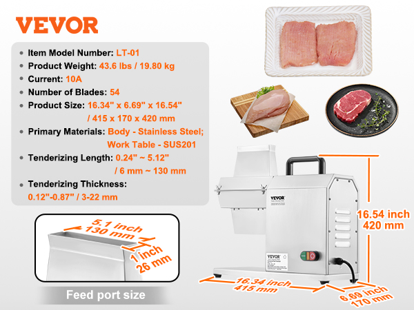 VEVOR Commercial Meat Tenderizer, Heavy Duty Stainless Steel Kitchen ...