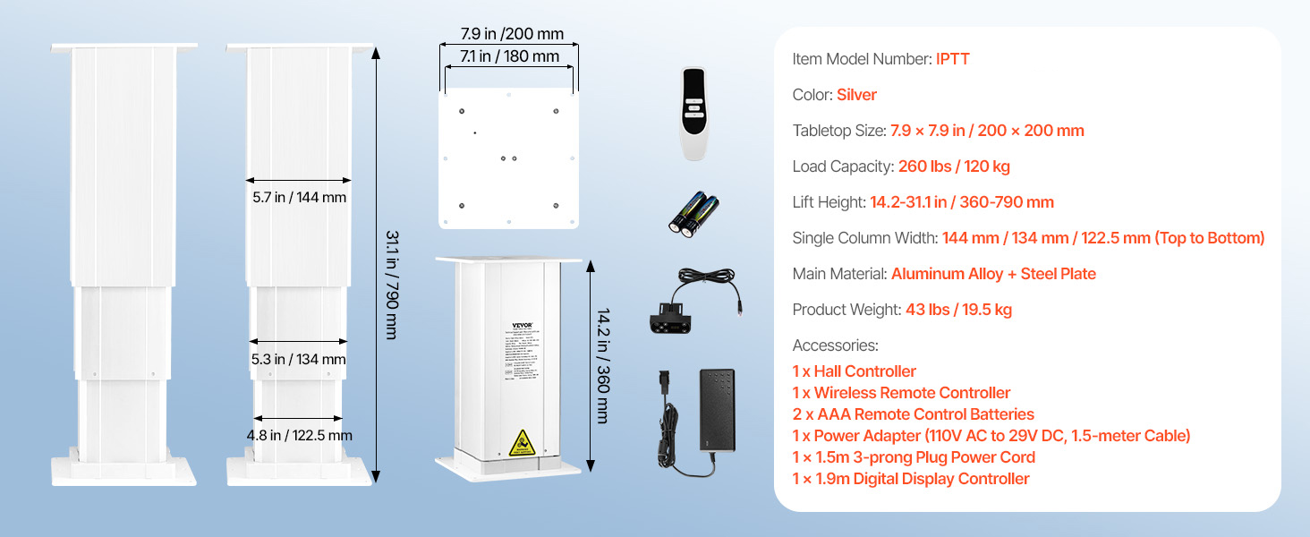 260 lbs Adjustable Electric Table Lifting Column System 14.2-31.1 in ...