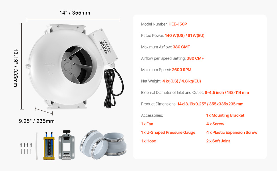6" to 4.5" Radon Mitigation Fan System Kit Quiet 380 CFM Inline Duct ...