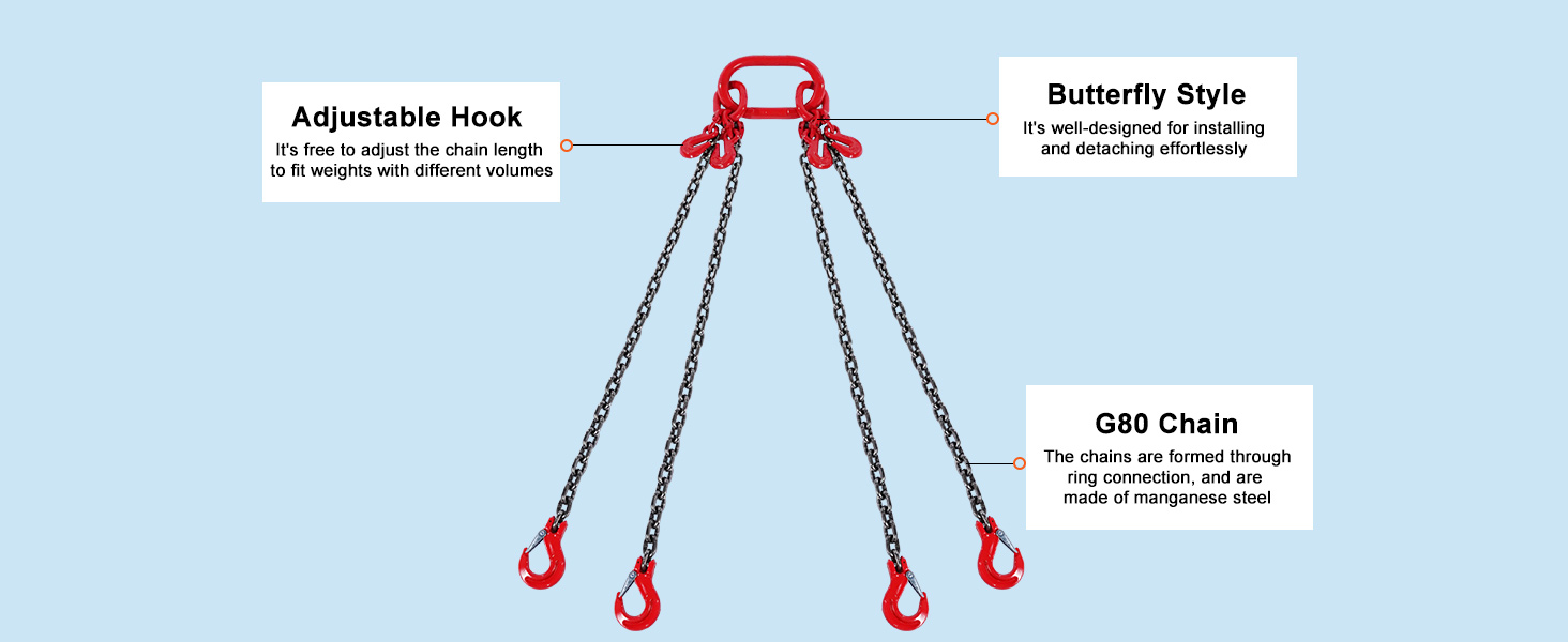 VEVOR 5/16" x 10' Chain Sling 4 Legs G80 Lifting Chain with Grab Hooks ...