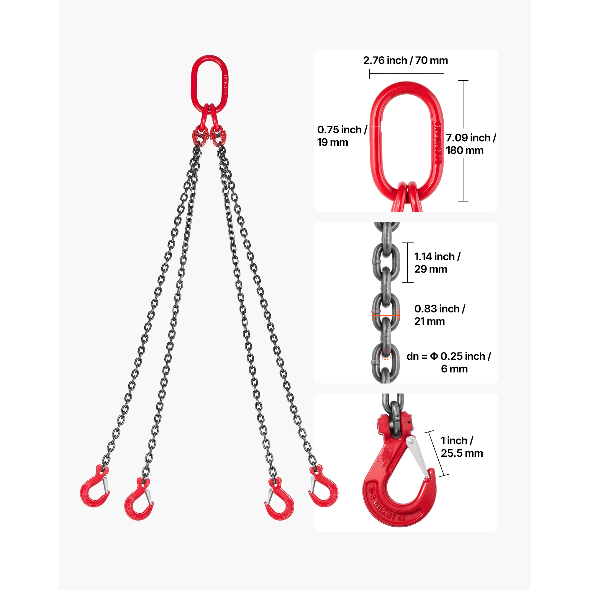 Mophorn Chain Sling, 6.3mm x 1.5m Lifting Chains with 4-Leg Grab Hooks ...