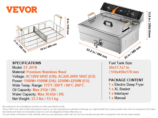 VEVOR Commercial Electric Deep Fryer Countertop Deep Fryer 3000W 30.6Qt ...