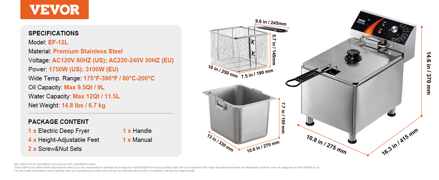 VEVOR Commercial Electric Deep Fryer Countertop Deep Fryer 1750W 12Qt ...