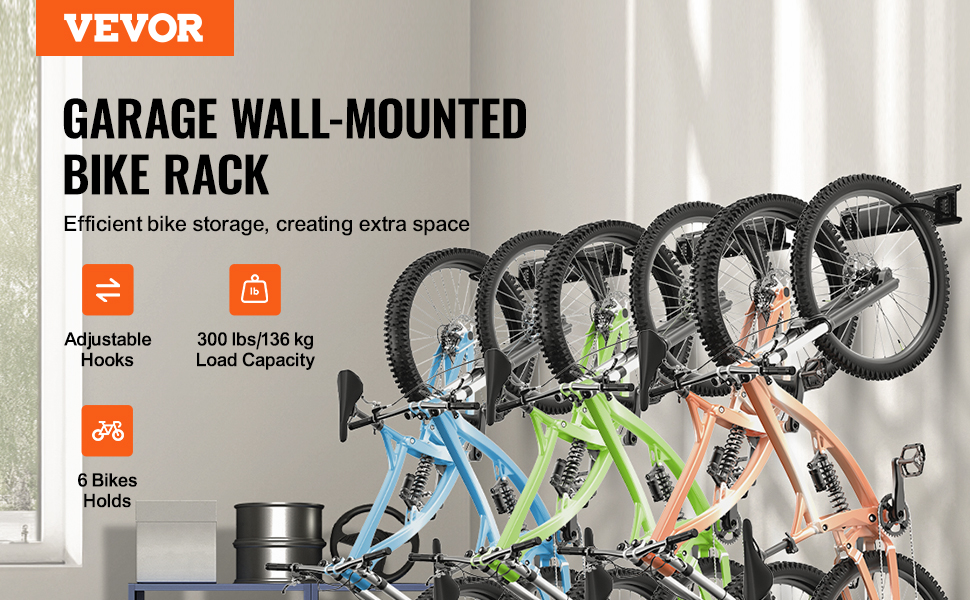 VEVOR Bike Storage Rack, 6 Bike Racks and 5 Helmets Hooks, Wall Mount ...