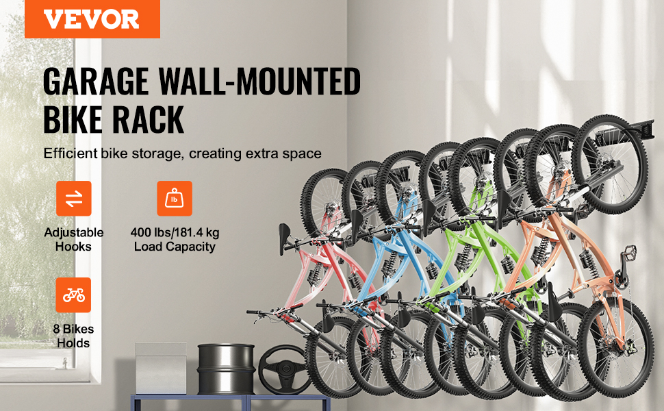VEVOR Bike Storage Rack, 8 Bike Racks and 7 Helmets Hooks, Wall Mount ...