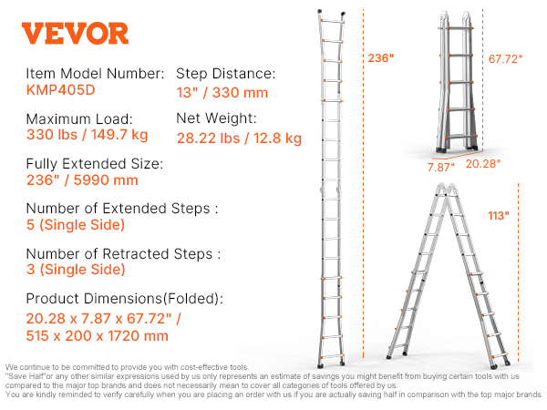 VEVOR Telescoping Ladder A Frame 19 FT Extension Multi-Function for ...
