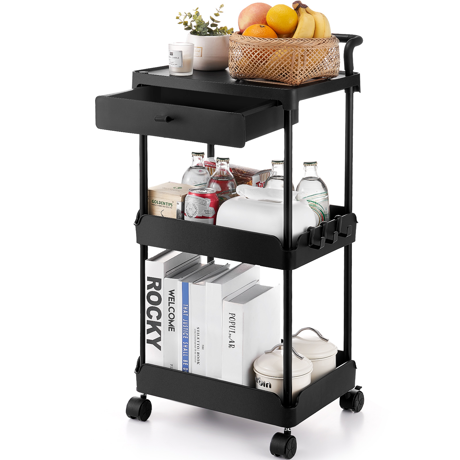 VEVOR 3/4-Tier Kitchen Rolling Cart Basket Utility Cart with Handle ...