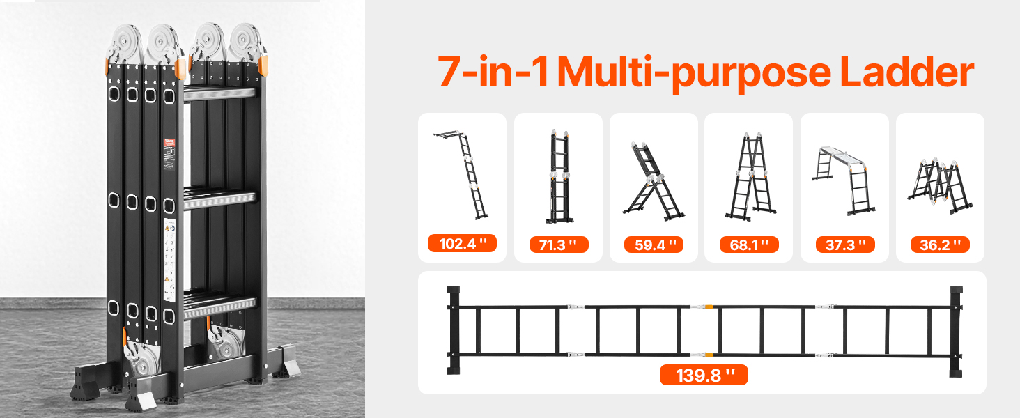 VEVOR Multi-Purpose Folding Ladder 7-in-1 3 Step 12ft with Scaffolding ...